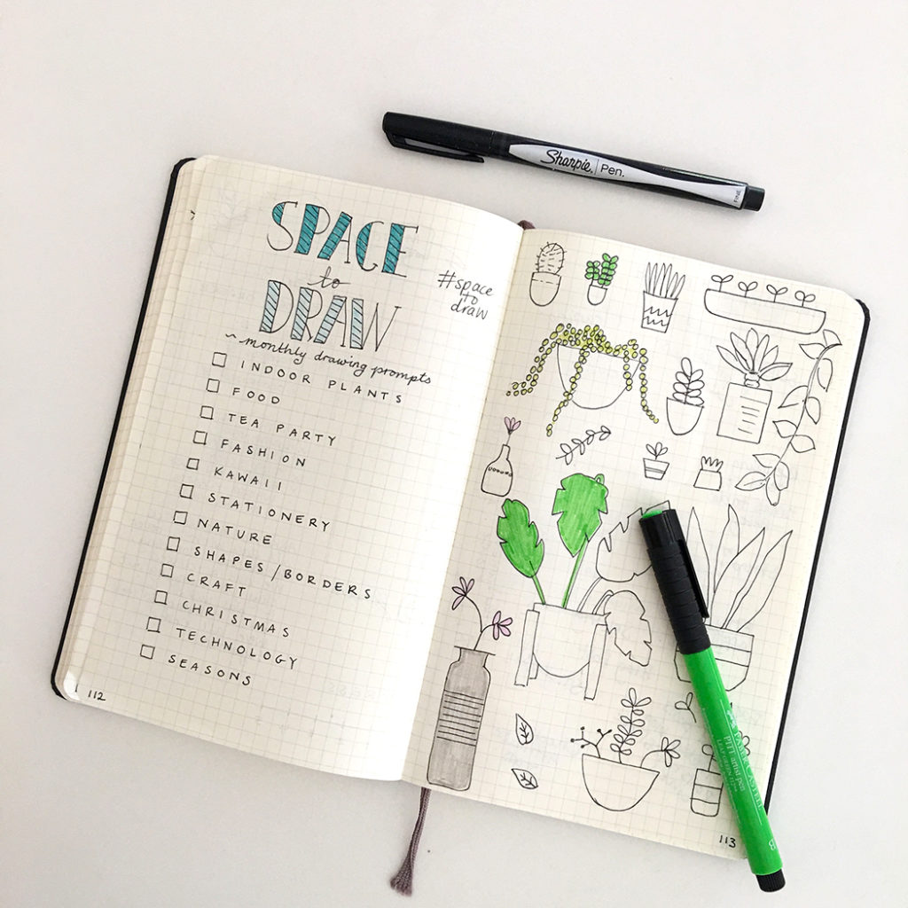 Monthly drawing prompts for Bullet Journaling - free printable